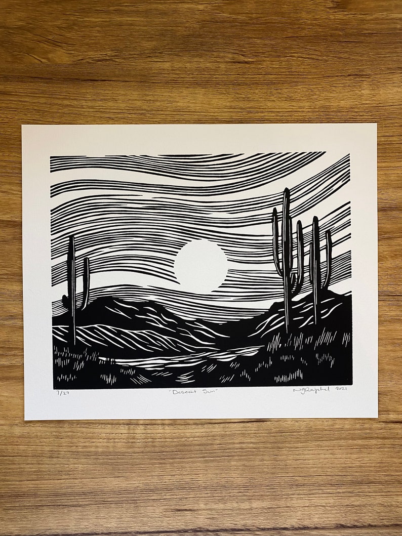 Saguaro Sun Linocut Print - Etsy
