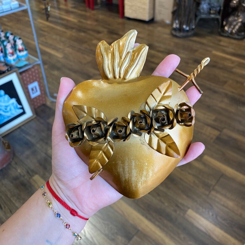 Gold Metal Sacred Heart With Roses - Etsy