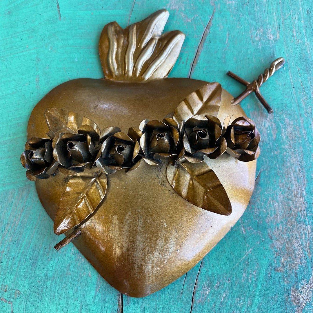 Gold Metal Sacred Heart With Roses - Etsy