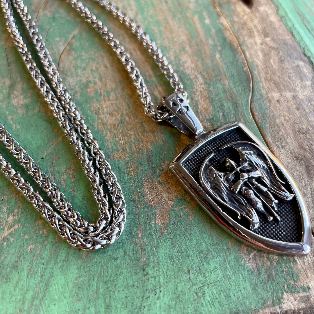 Stainless Steel St Michael Shield Chain Necklace - Etsy