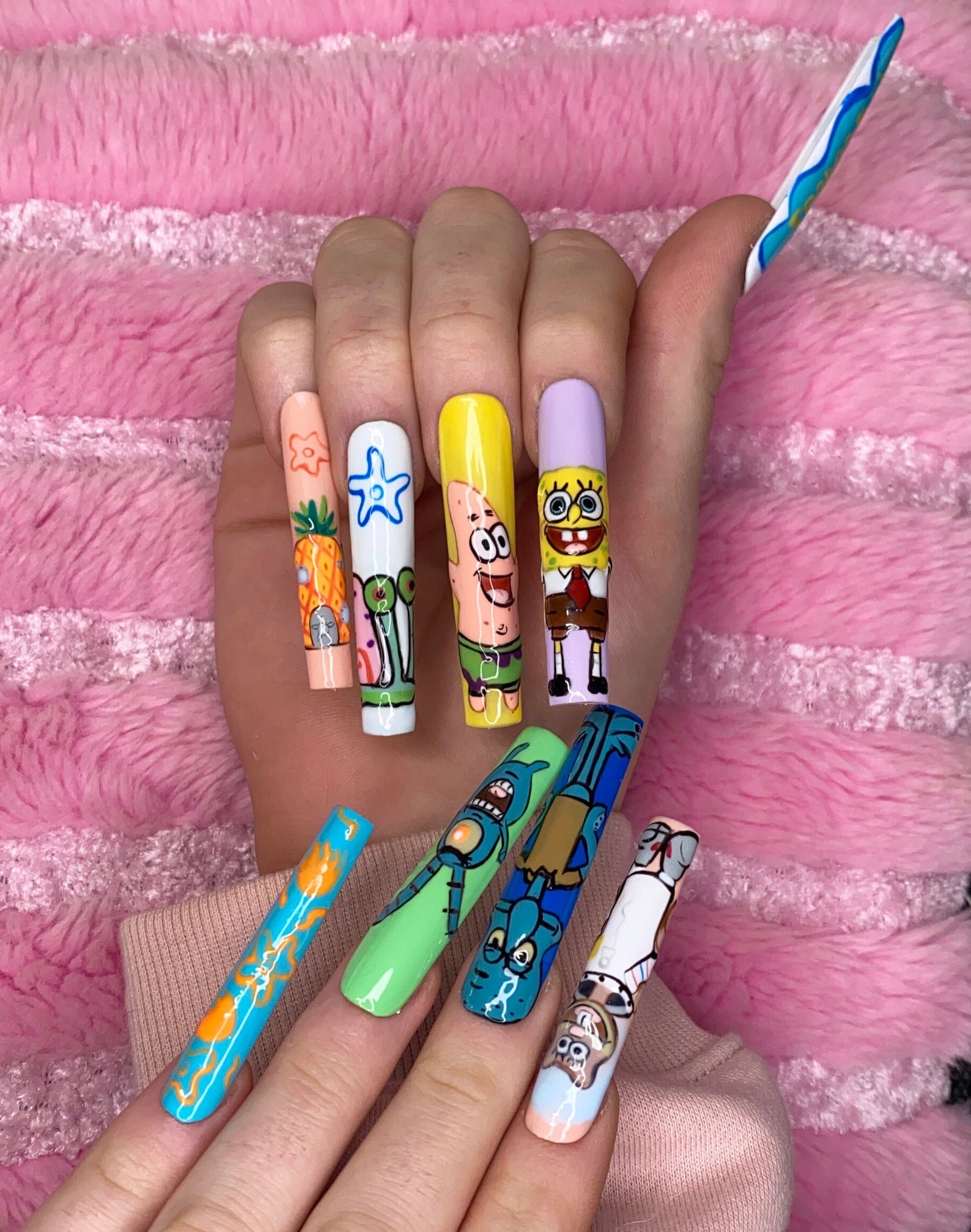 Halloween Press on Nails, Sponge Bob Squarepants Nails, Reusable Press ...