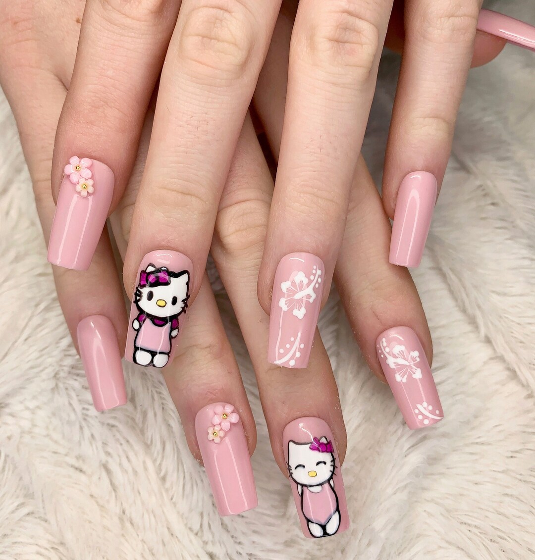 Hello Kitty Kawaii Press Ons, Hello Kitty Gifts, Reusable Gel Fake ...