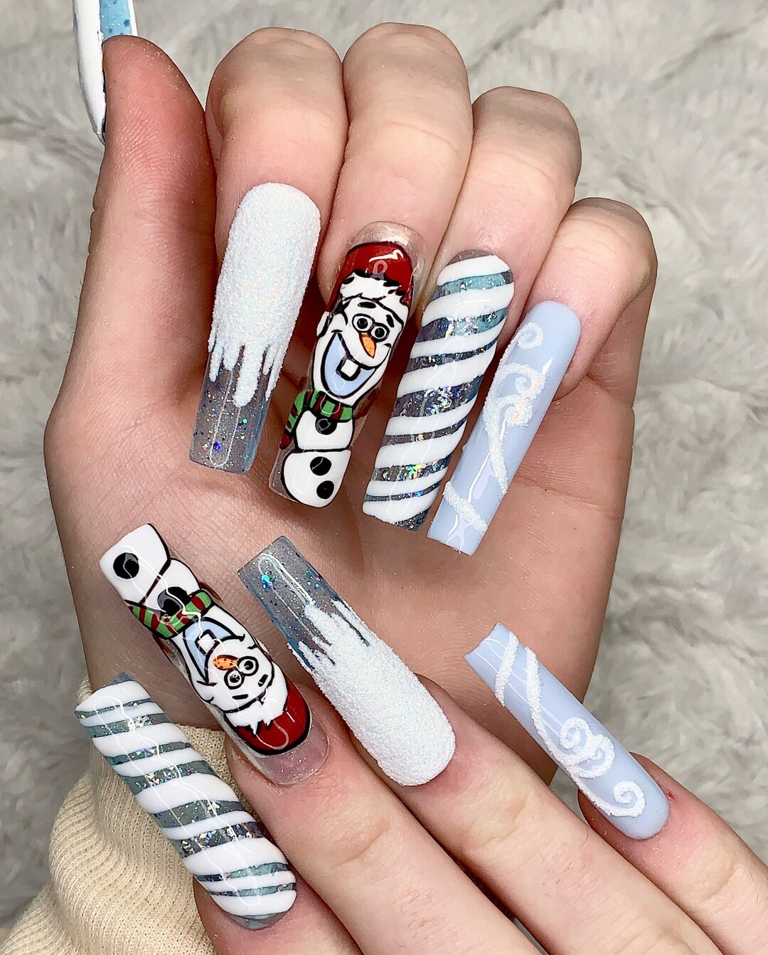 Handmade Blue Frozen Elsa Press on Nails, White Icy Olaf False Nails ...