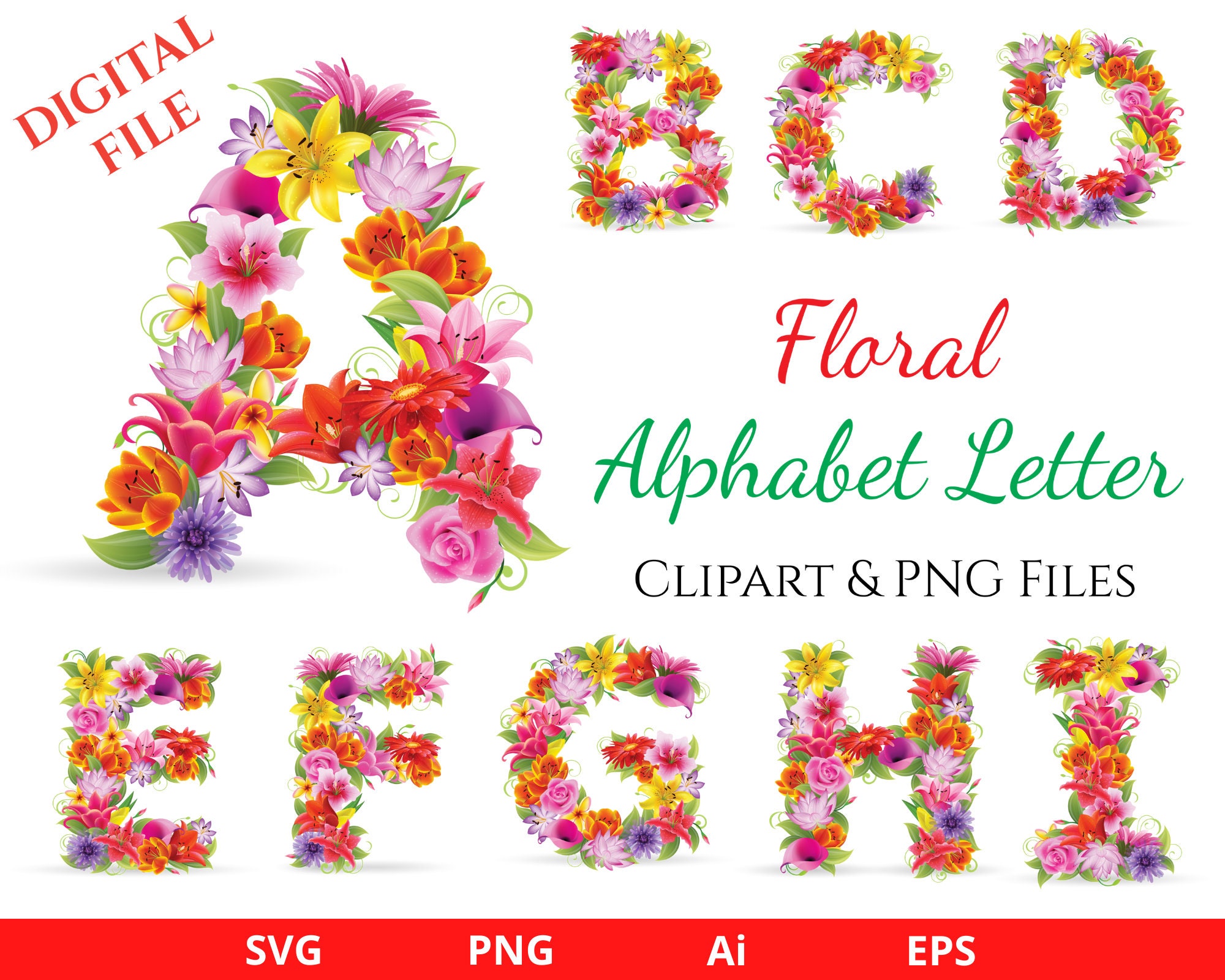 Floral Alphabet Clipart Flower Alphabet Colorful Flowers - Etsy UK