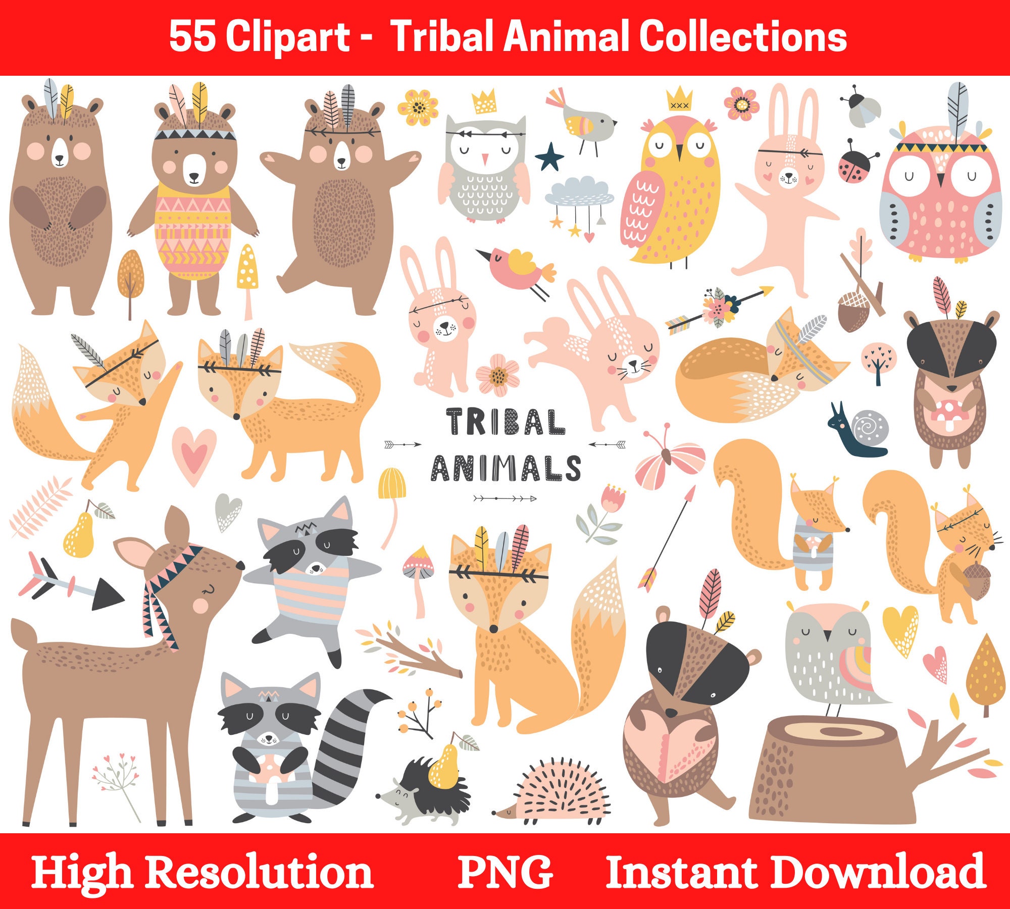 Tribal Animals Clipart Animal Clipart Cute Forest Animals | Etsy UK