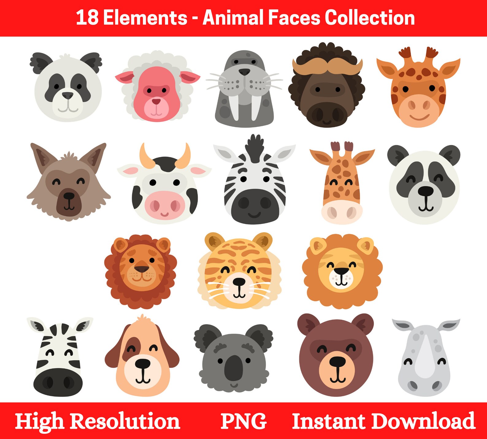Animal Faces Clipart Animal Face Svg Animal Clipart Farm - Etsy
