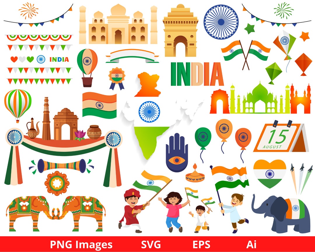 India Independence Day Clipart: Indian Flag, Map, Garland (SVG & PNG ...