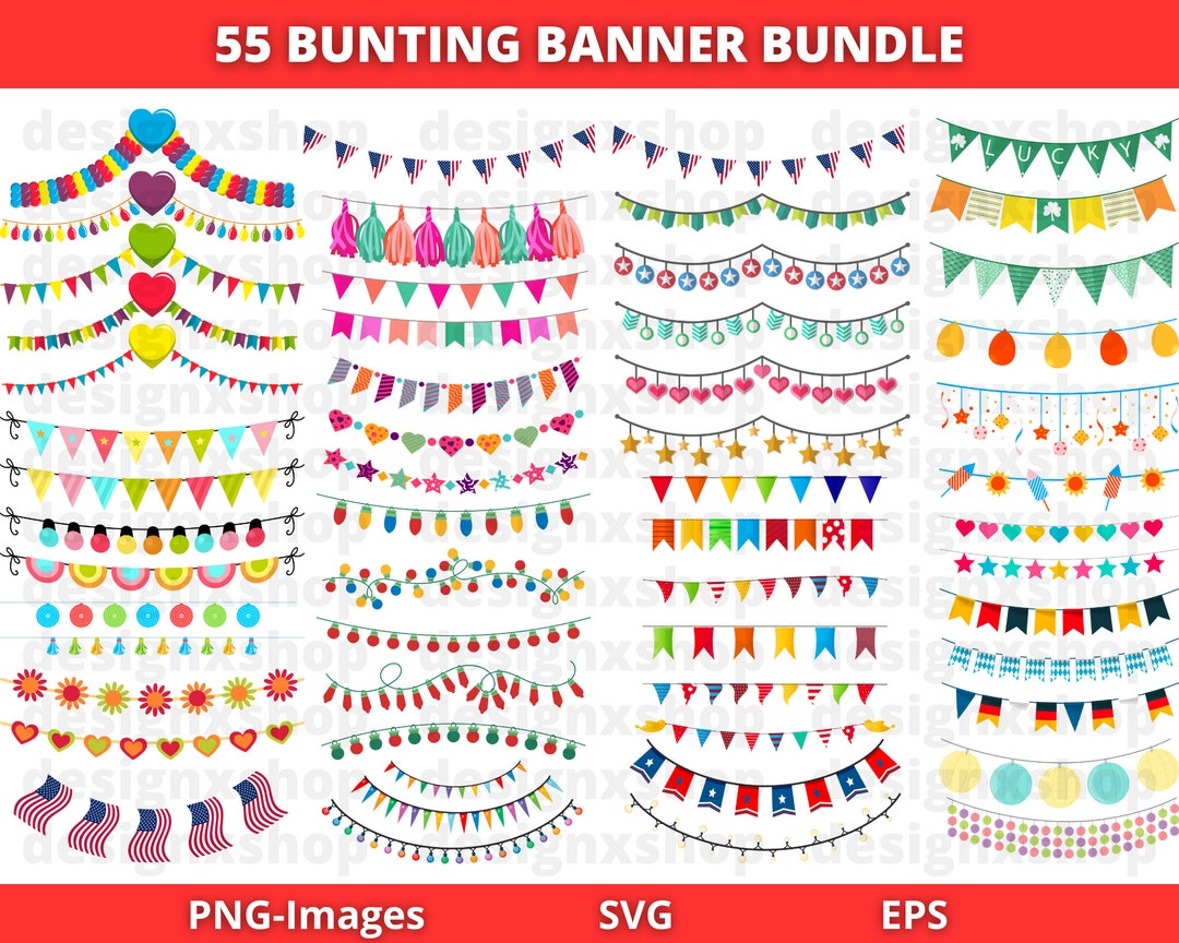 Bunting Banner Svg Bundle, Party Bunting Vector, Flag Svg, Bunting ...