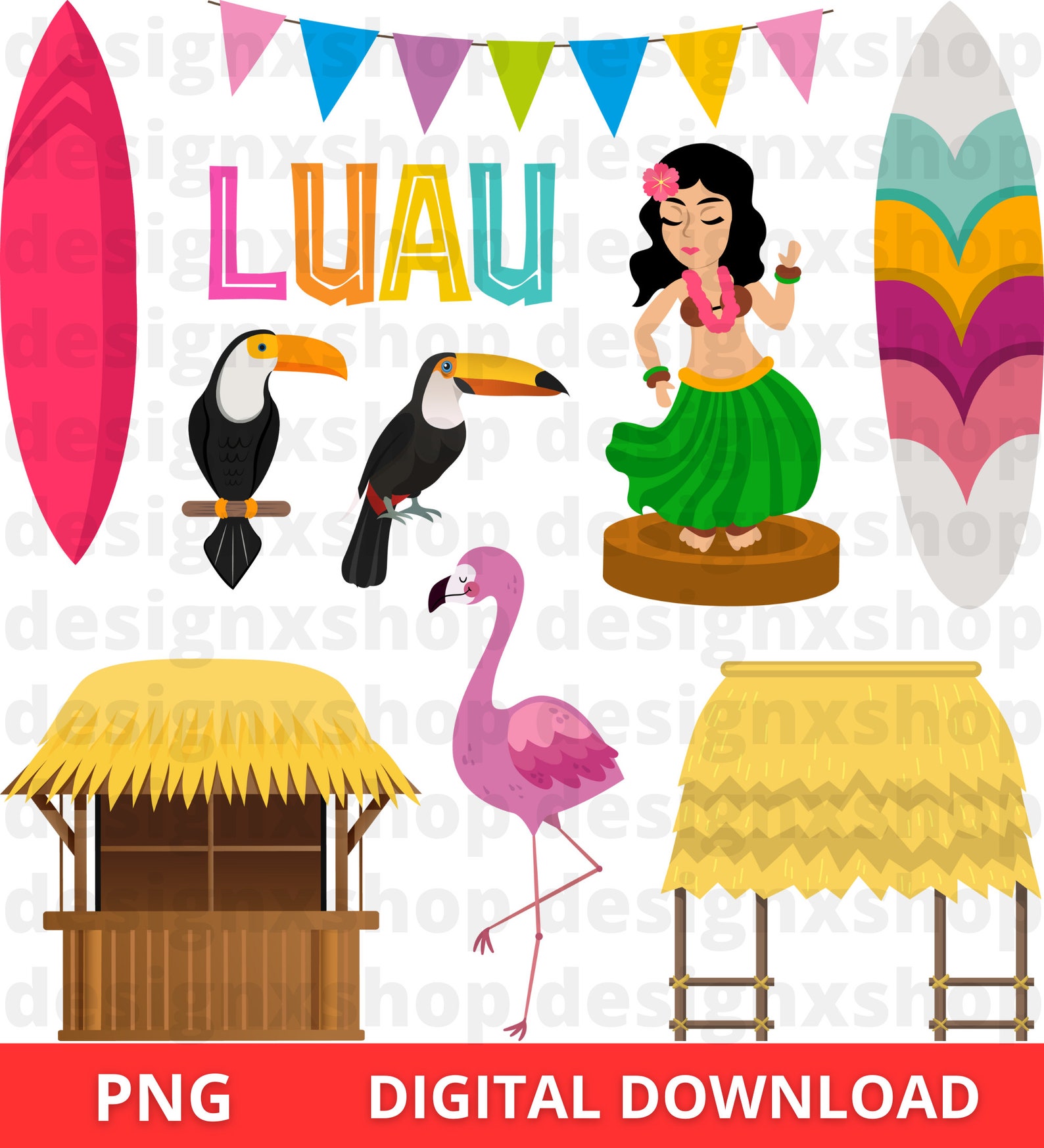 Luau Clipart, Tropical Luau Clipart, Hawaiian Luau Clipart, Tiki ...