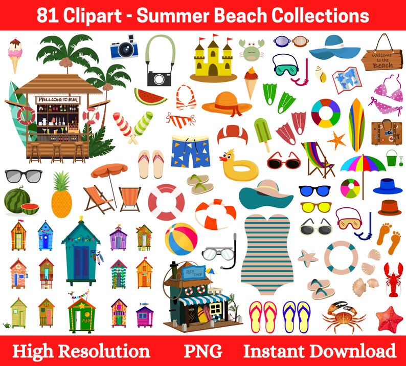 Summer Beach Clipart Summer Clipart Tropical Fun Clipart - Etsy