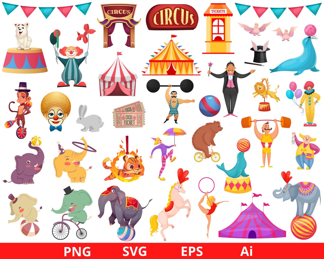 Circus Clipart Bundle: Carnival Animals, Tent, Jokers (SVG, PNG, EPS ...