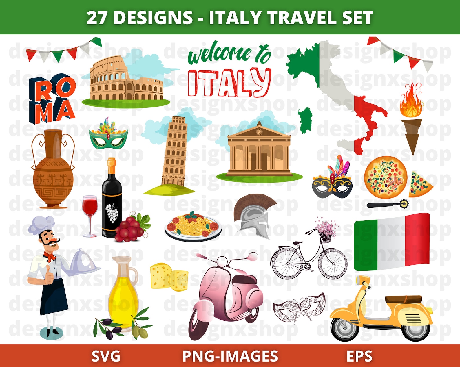 Italy Travel Clipart: Rome, Venice, Pisa (SVG, PNG) - Etsy