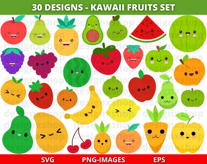 Kawaii Fruits Clipart, Kawaii Fruit Clip Art, Cute Fruits Clipart ...