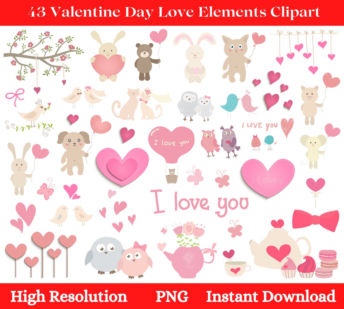 Valentine's Day Clipart Love Clipart Love Birds Teddy - Etsy
