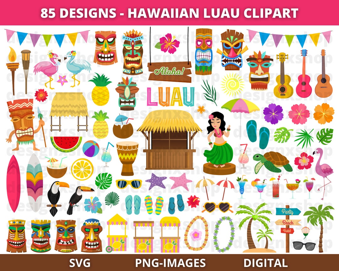Luau Clipart, Tropical Luau Clipart, Hawaiian Luau Clipart, Tiki ...