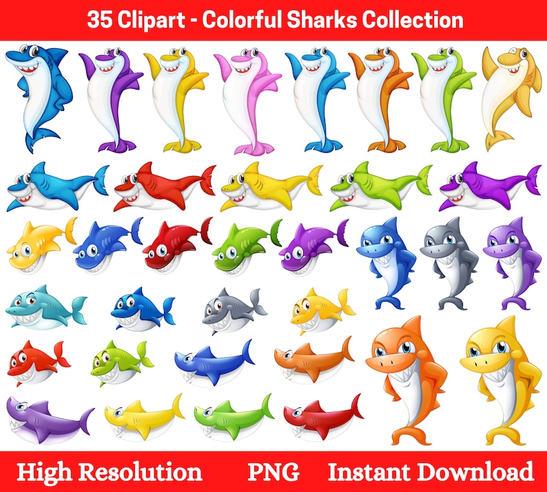 Sharks Clipart Colorful Shark Clipart Cute Colorful Smiling - Etsy
