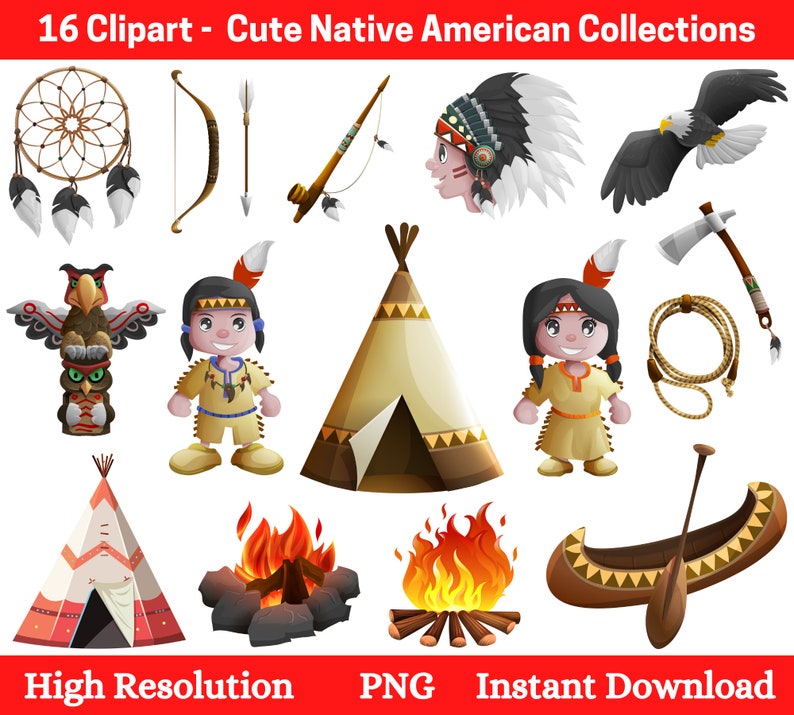 Cute Native American Clipart, Tribal Graphics (SVG, PNG) - Etsy
