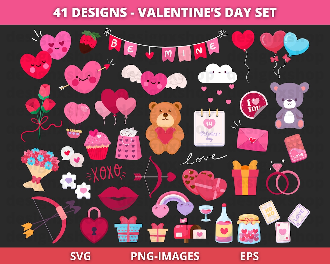 Valentine's Day Clipart Set: Love Hearts, Bear, Ring (SVG & PNG) - Etsy