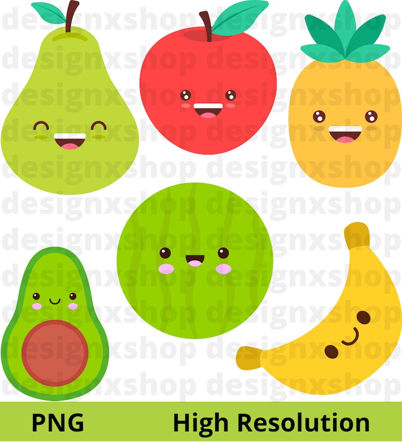 Kawaii Fruit Clipart, Fruits Clipart, Cute Cartoon Fruits Bundle, Cute ...