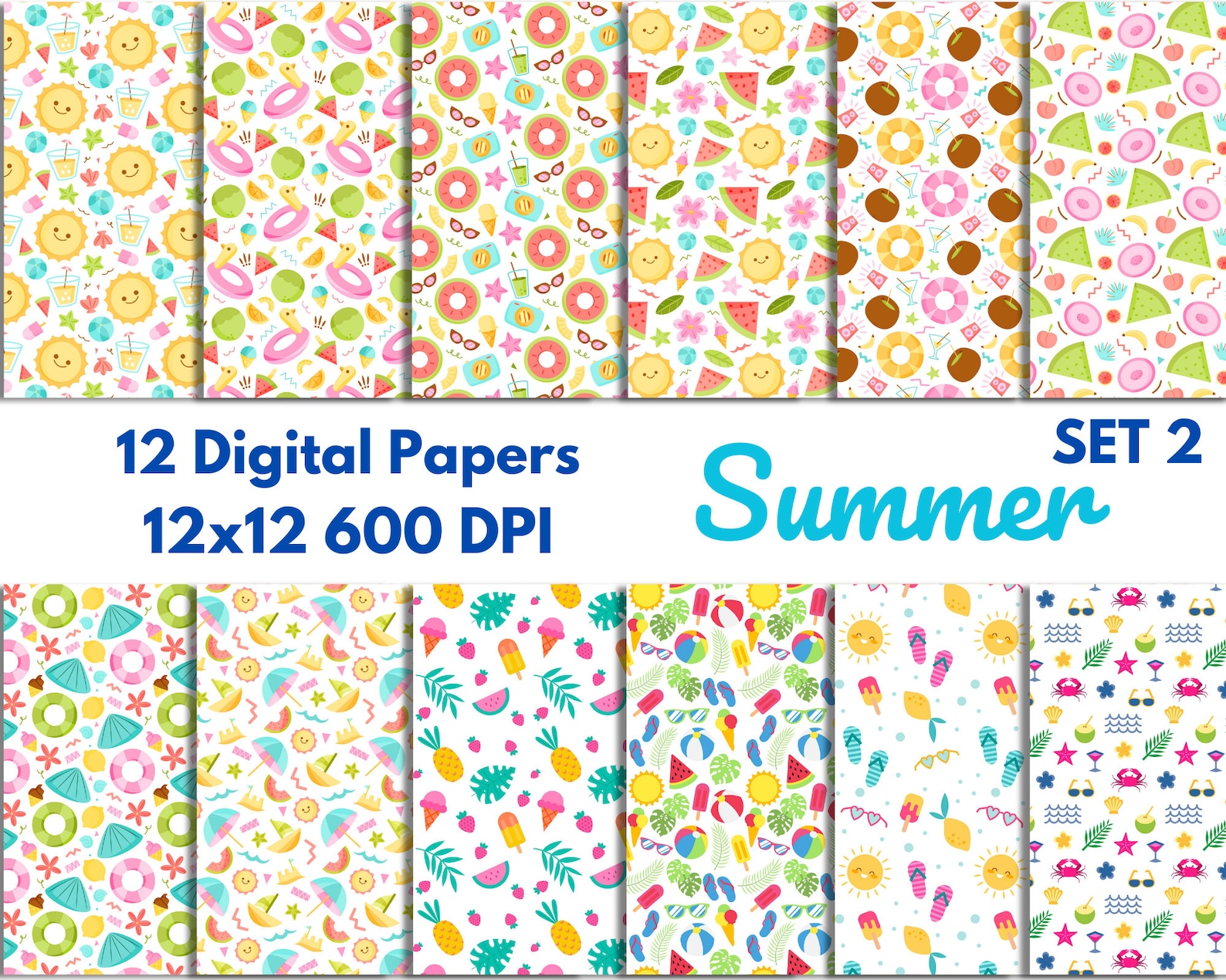 Summer Digital Paper Set | Beach Digital Paper | Fruits Digital Paper ...