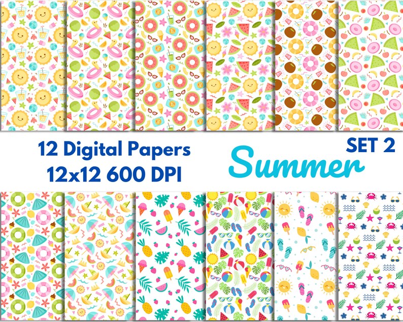 Summer Digital Paper Set | Beach Digital Paper | Fruits Digital Paper ...