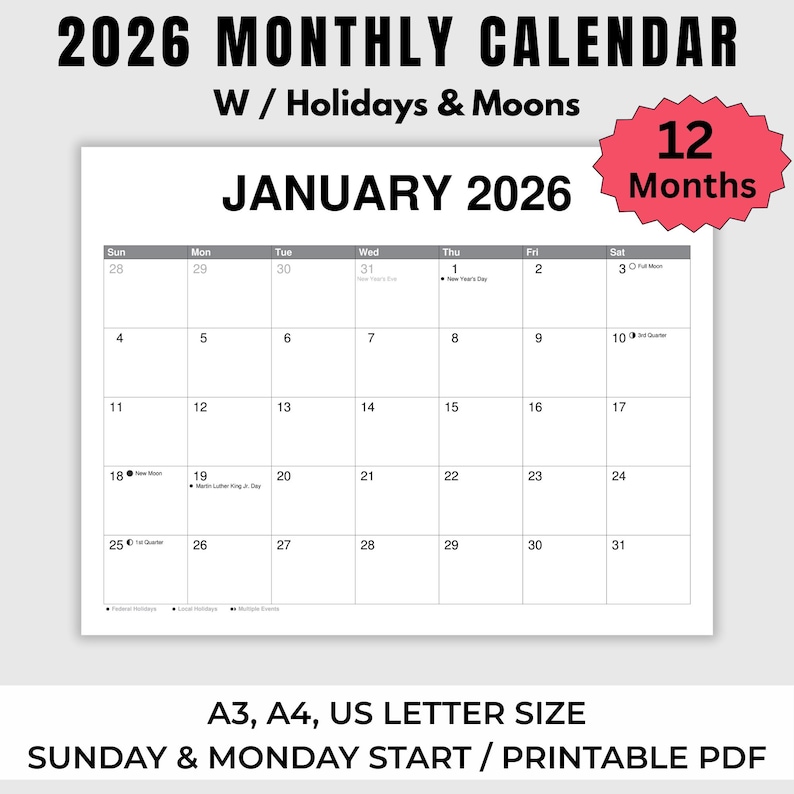2026 Printable Monthly Calendar | Holidays & Moon Phases | Sunday or ...