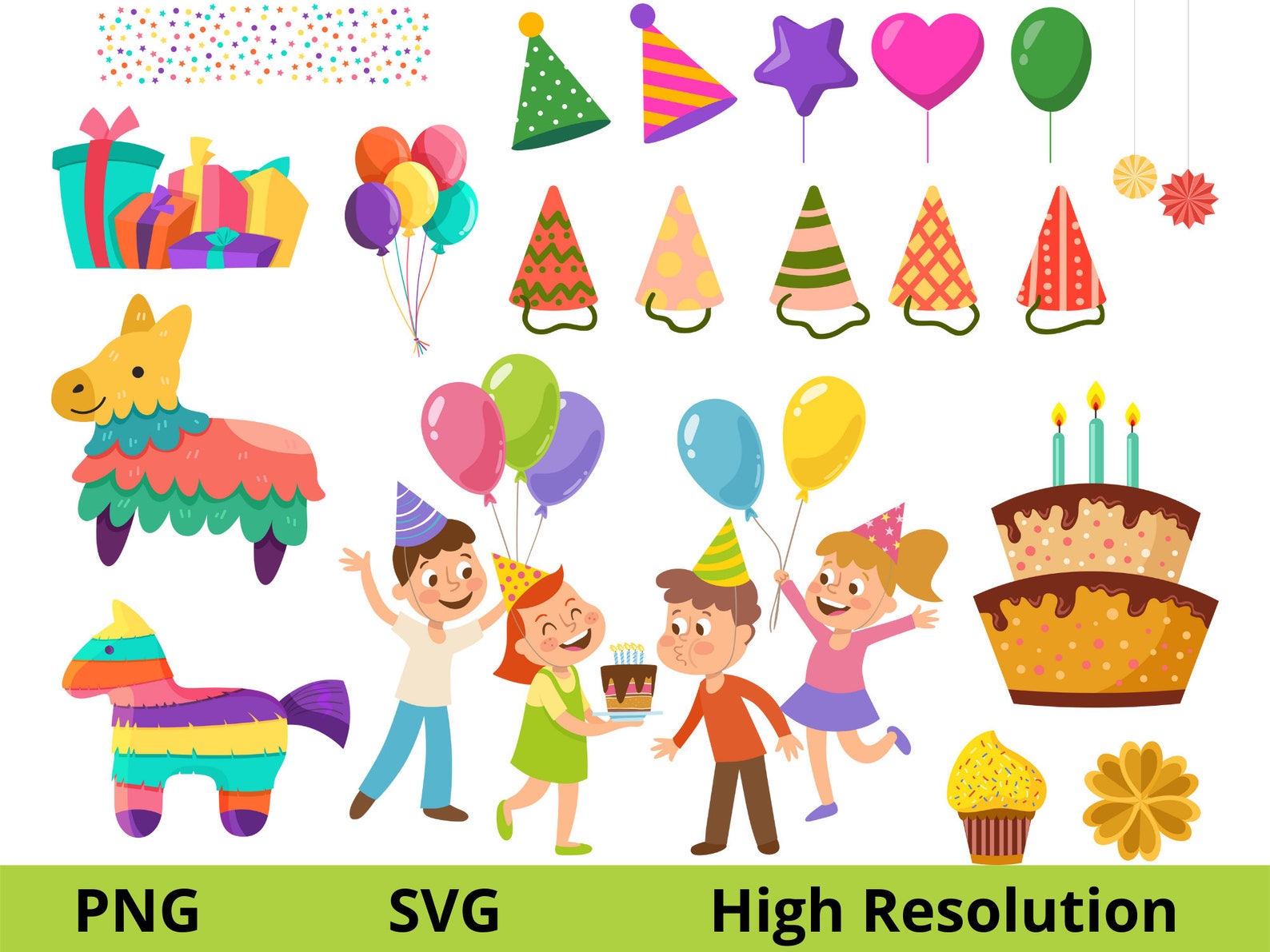 Birthday Party Clipart: Cake, Balloons, Garland (SVG & PNG) - Etsy