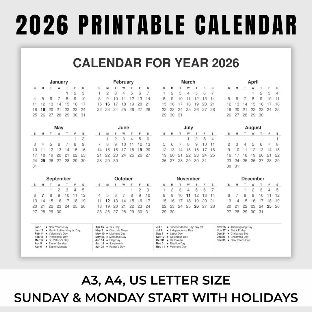 2026 Year at a Glance Calendar Printable | Full Year One Page | A4, A3 ...