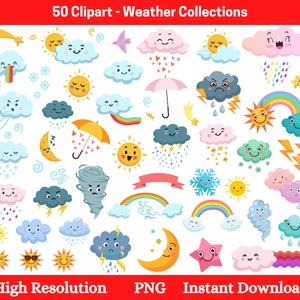 Weather Clipart, Rainbow Clipart, Sun Clipart, Cloud Clipart, Rain ...