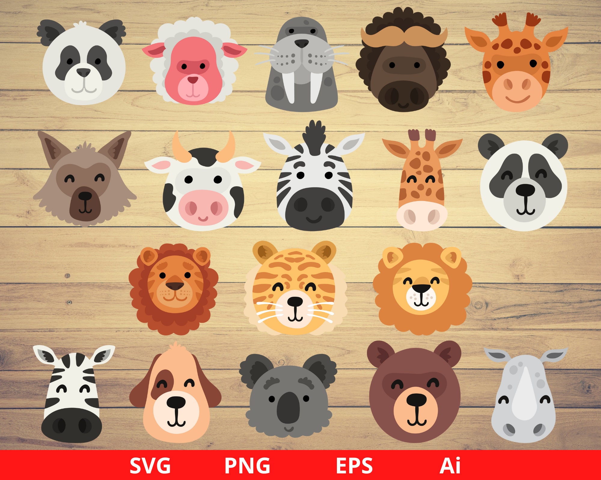 Animal Faces Clipart Animal Face Svg Animal Clipart Farm - Etsy