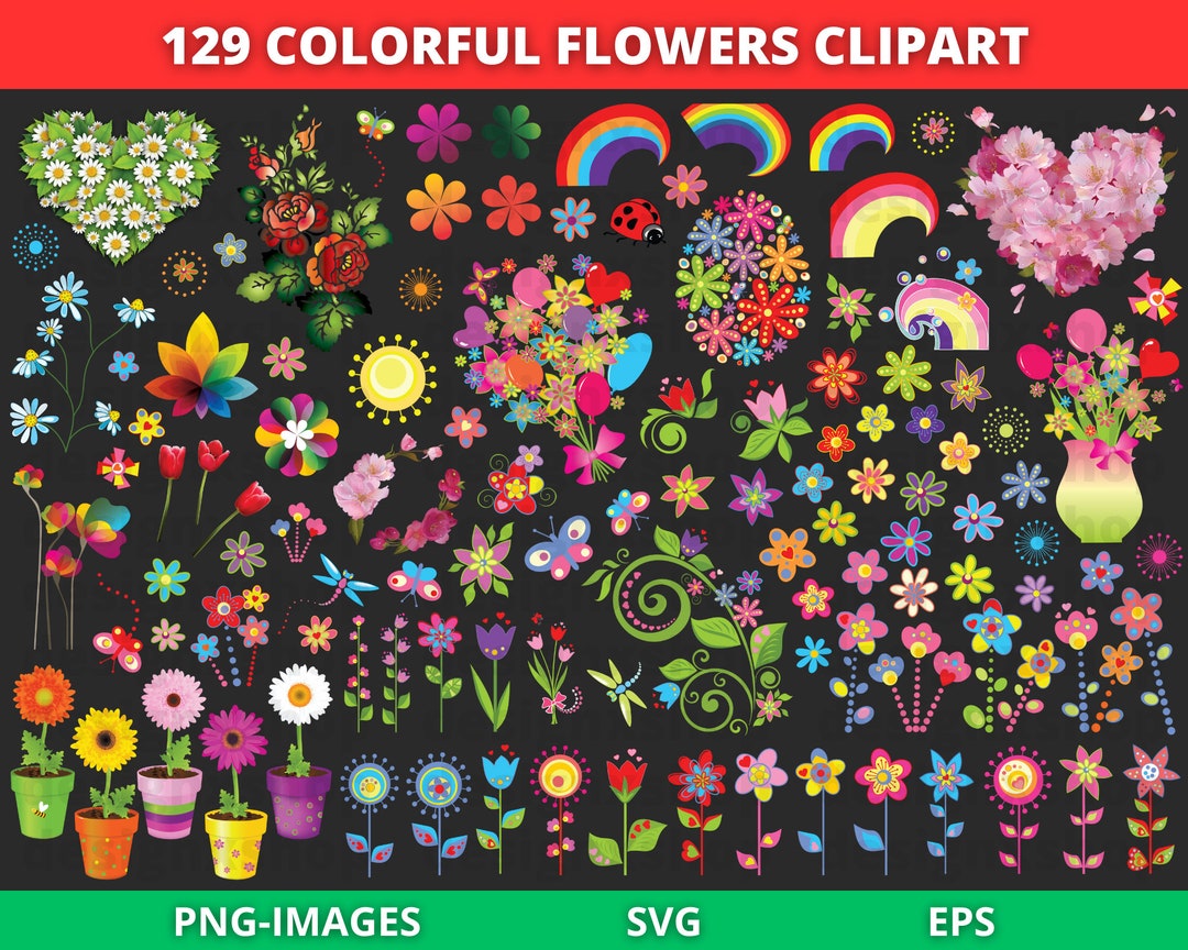 Colorful Flowers Clipart Bundle: 129 SVG & PNG Files (digital Download ...