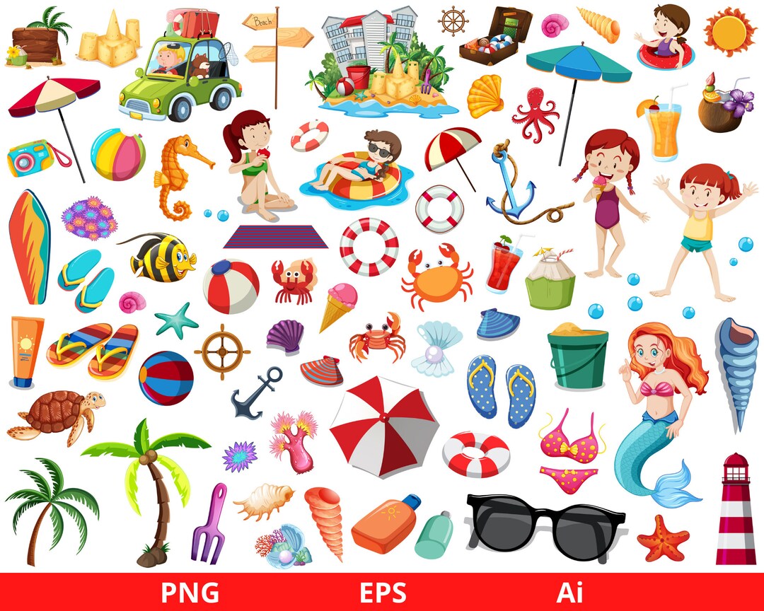 Summer Beach Clipart, Summer Clipart Bundle, Vacation Clipart, Travel ...