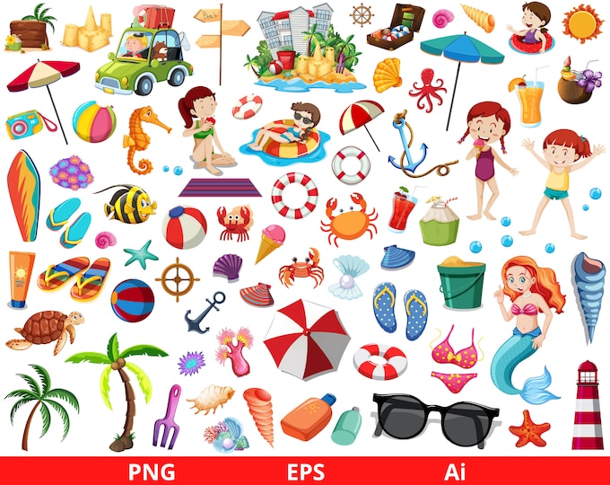 Summer Clipart Set. Cute Beach Clipart Bundle for Personal & Commercial ...