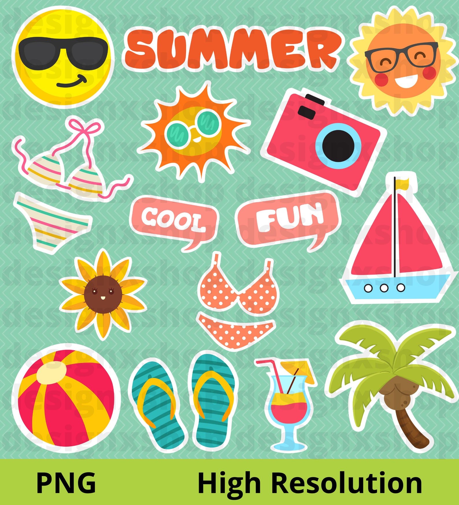 Summer Stickers SVG Bundle Summer Clipart Seasonal Clipart Summer Svg ...