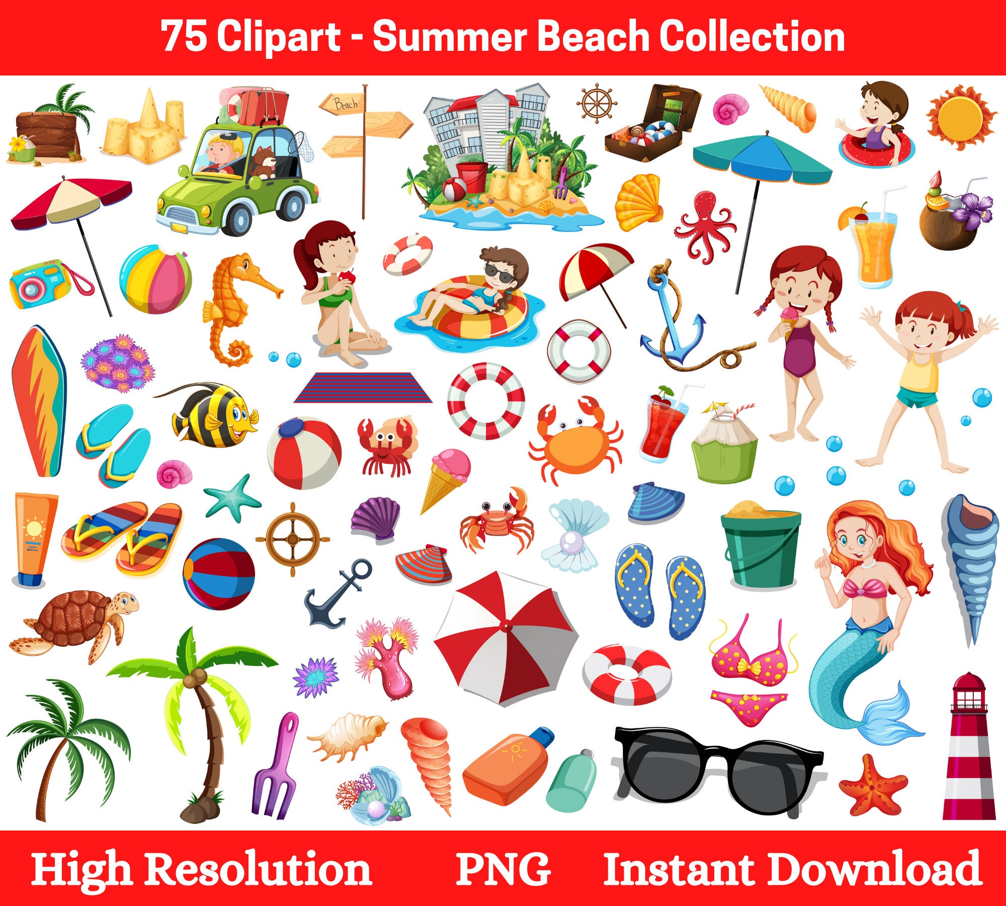 Summer Beach Clipart Summer Clipart Bundle Vacation Clipart - Etsy