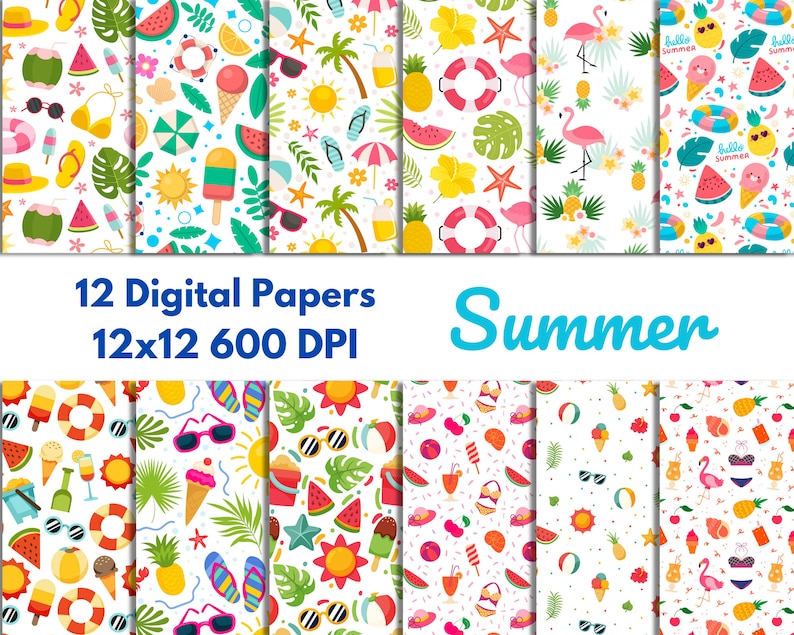 Summer Digital Paper Set | Beach Digital Paper | Fruits Digital Paper ...