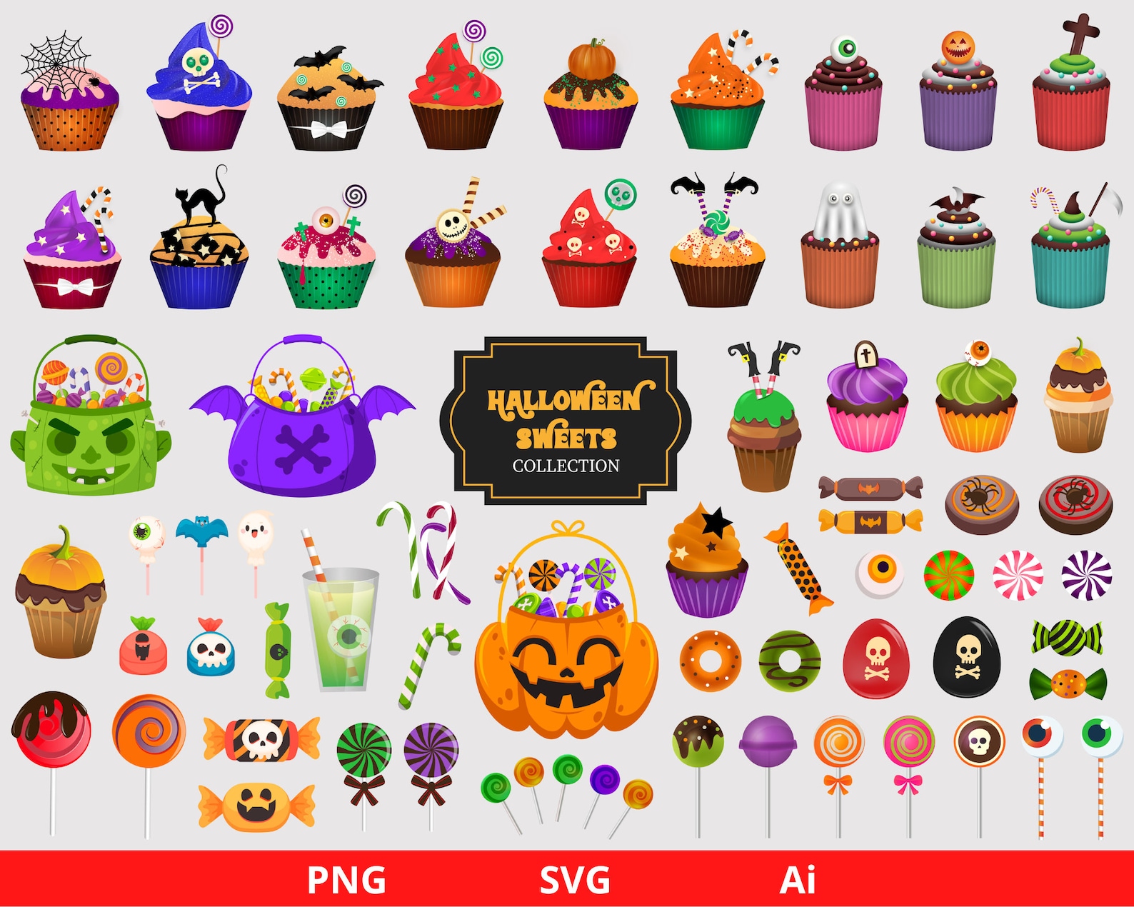 Halloween Candy Clipart Bundle | Spooky Cupcakes, Lollipops, Sweets ...