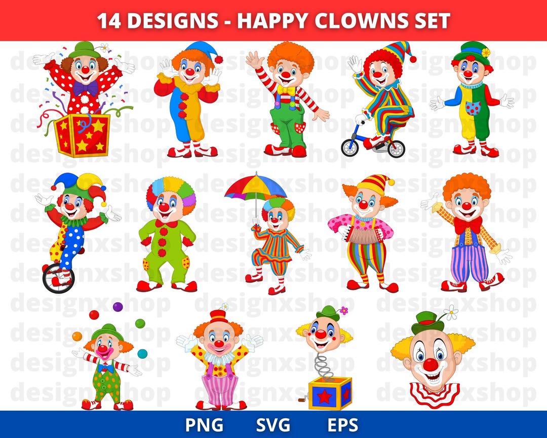 Happy Clowns Clipart: Circus SVG, PNG, EPS (digital Download) - Etsy