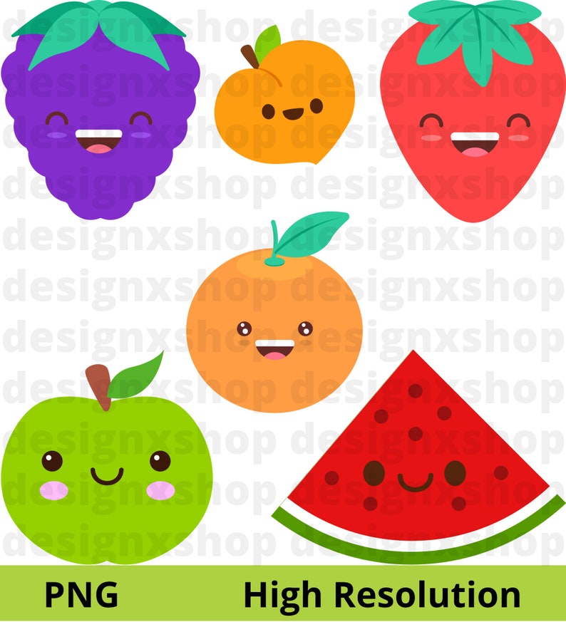 Kawaii Fruit Clipart, Fruits Clipart, Cute Cartoon Fruits Bundle, Cute ...