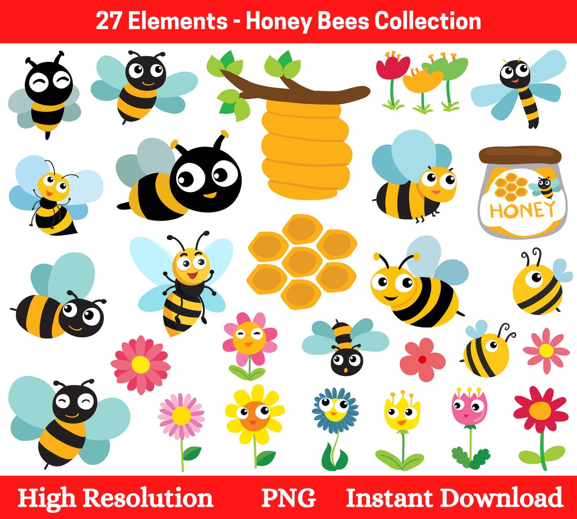 Bee Clipart Honey Clipart Flower Clipart Honey Bees - Etsy