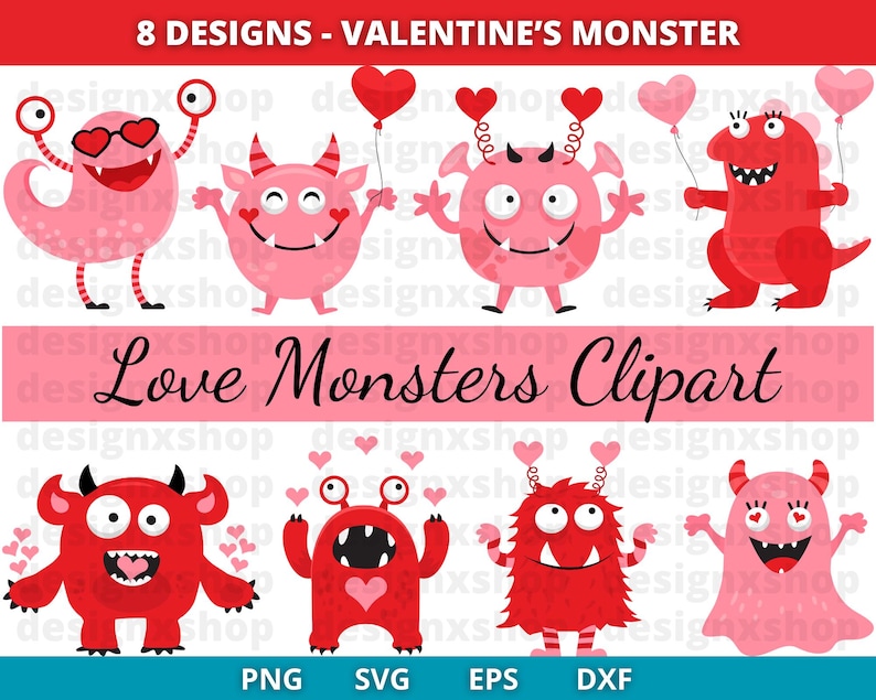 Valentine Monsters Clipart: Love Monster SVG, EPS, PNG (digital ...
