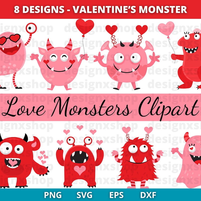 Monster Valentine Clipart - Etsy
