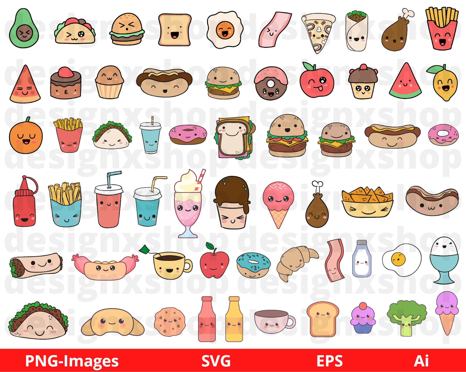 Kawaii Food Clipart, Kawaii SVG Bundle, Food Clipart, Cute Food Clipart ...
