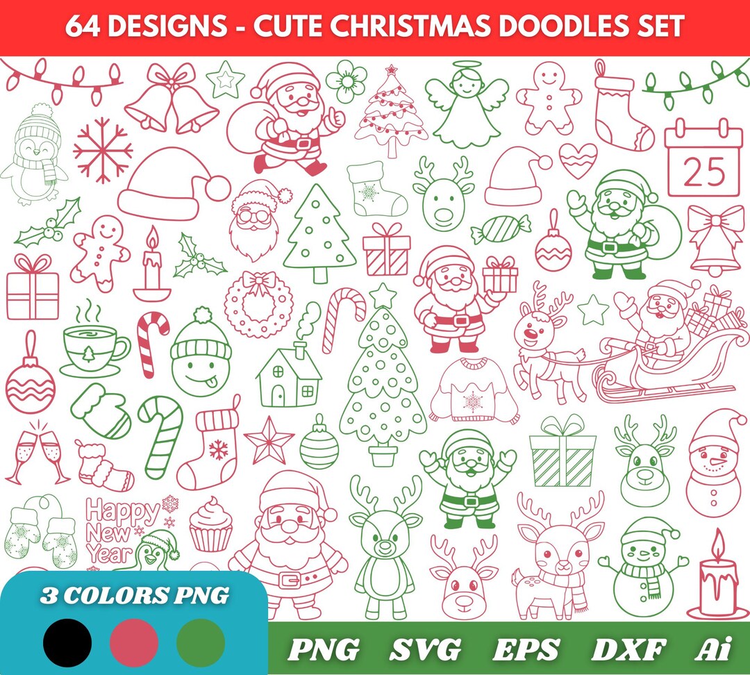 Cute Christmas Doodles SVG Bundle | 64 Christmas Clipart Icons | Santa ...
