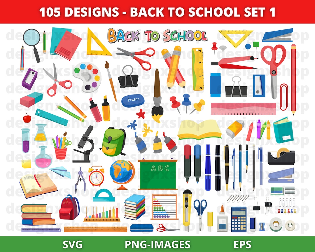 School Supplies Clipart Set, Teacher Graphics, Back to School SVG PNG ...