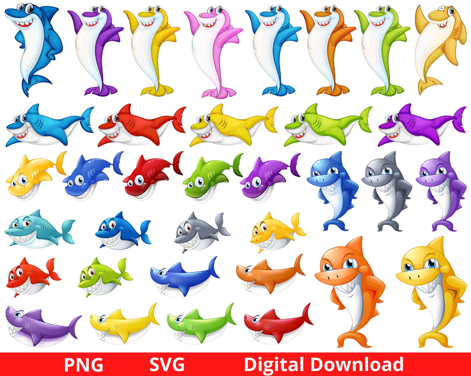Sharks Clipart Colorful Shark Clipart Cute Colorful Smiling - Etsy
