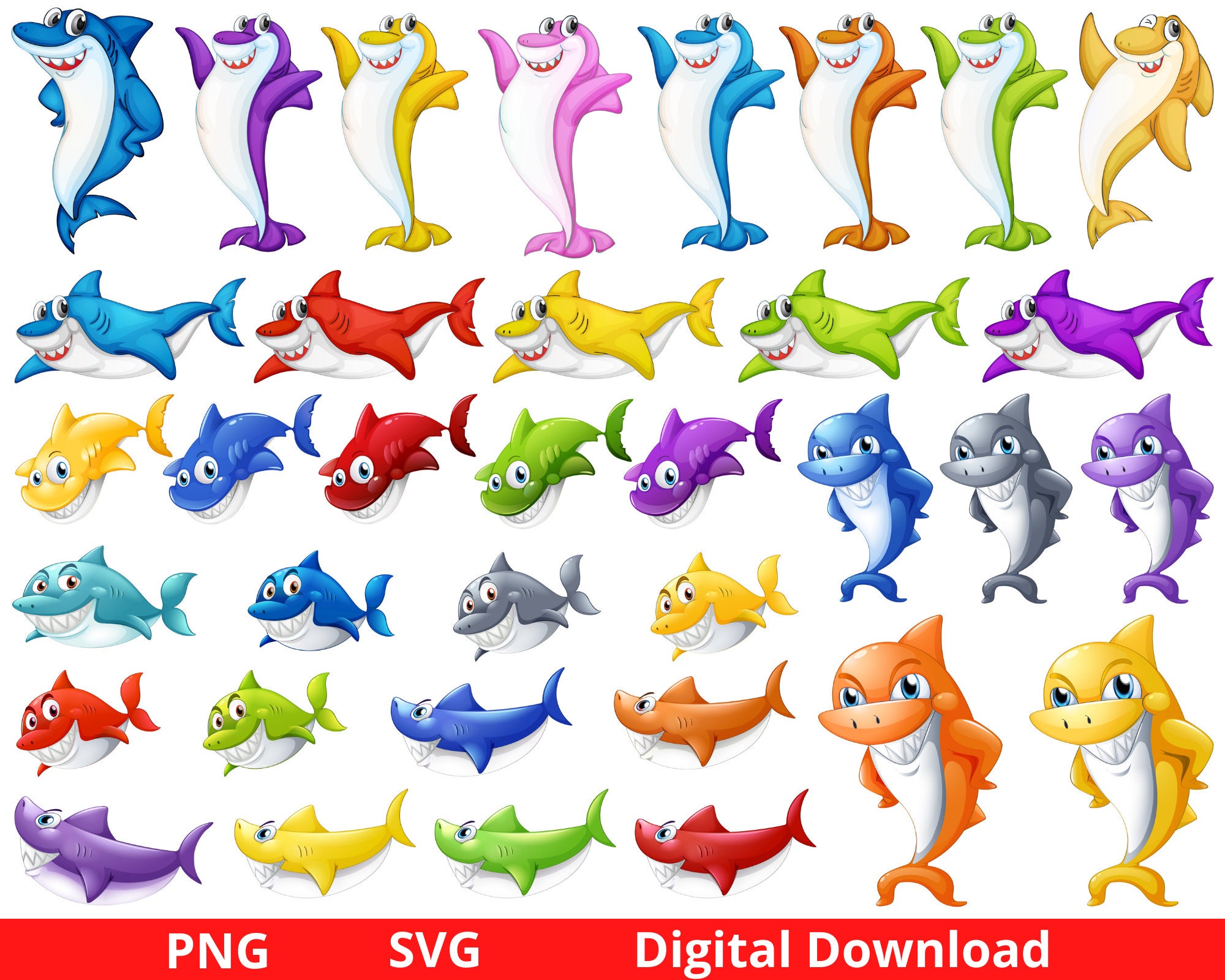 Sharks Clipart Colorful Shark Clipart Cute Colorful Smiling - Etsy