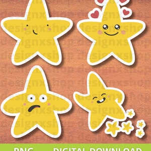 Kawaii Star Clipart, Cute Stars Clip Art, Star Stickers, Happy Funny ...