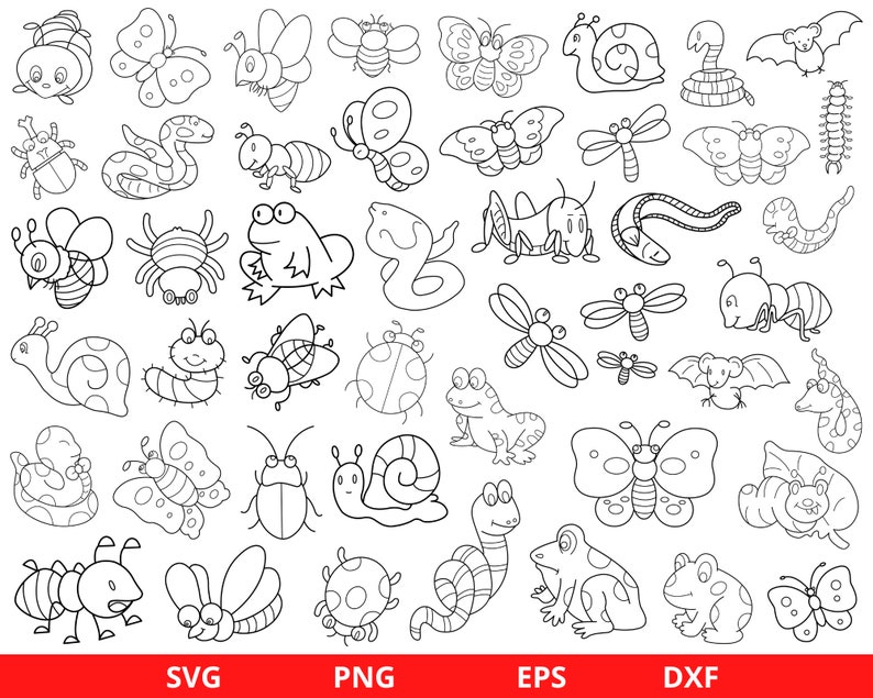 Bugs Outline Clipart, Insects Svg, Silhouette, Cute Bugs Digital Stamp ...