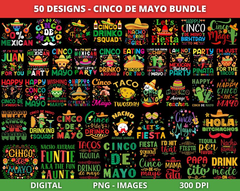 Cinco De Mayo PNG Bundle: Mexican Fiesta Shirt Designs (digital ...